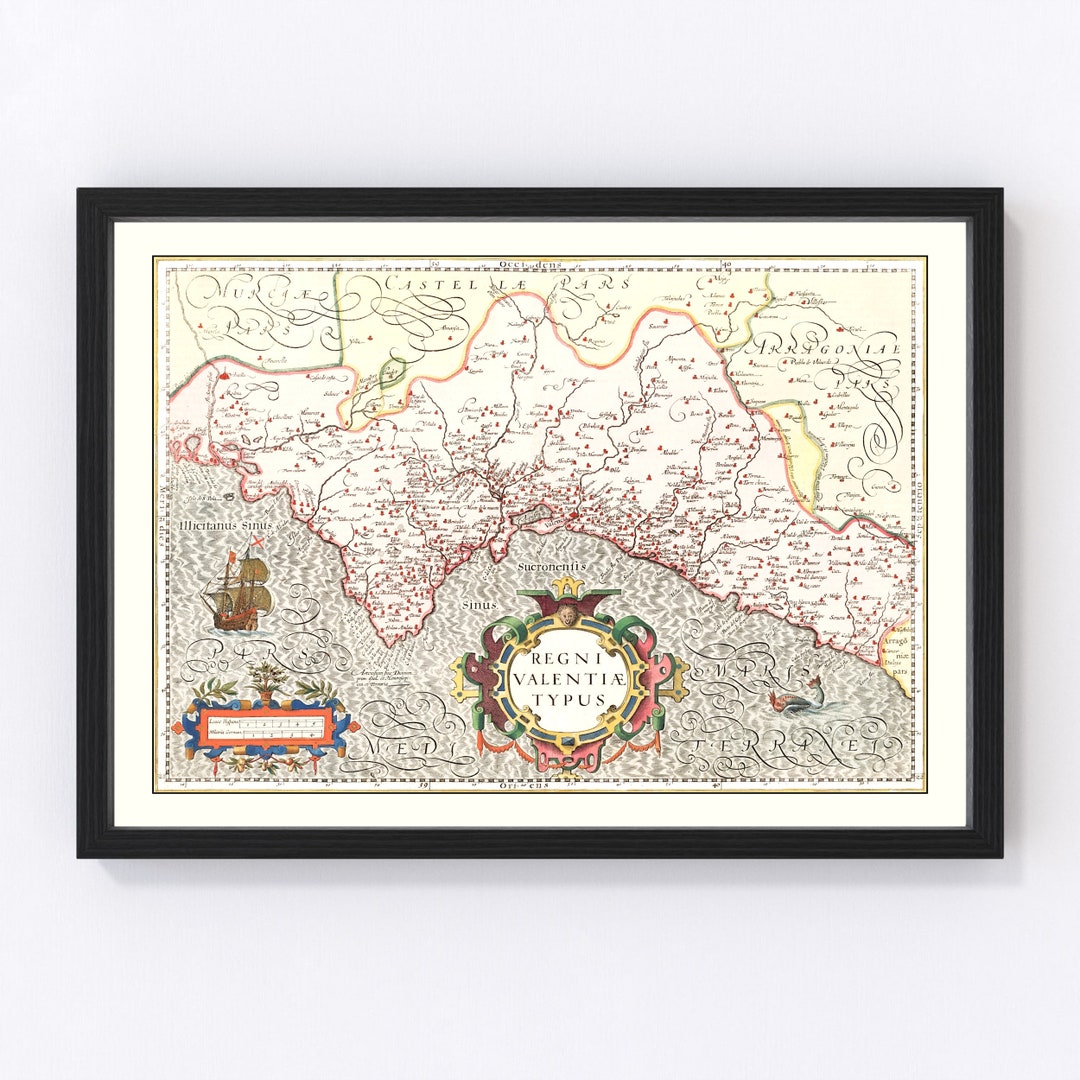 Valencia Map 1623 Old Map of Valencia Spain Art Vintage Print Framed ...