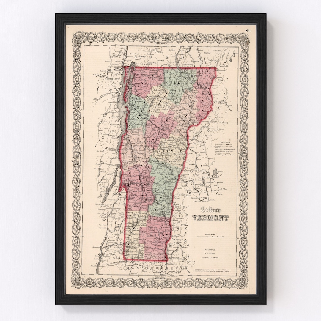 Vermont Map 1861, Vintage Vermont Map, Old Vermont Art, Wall Art Gift ...