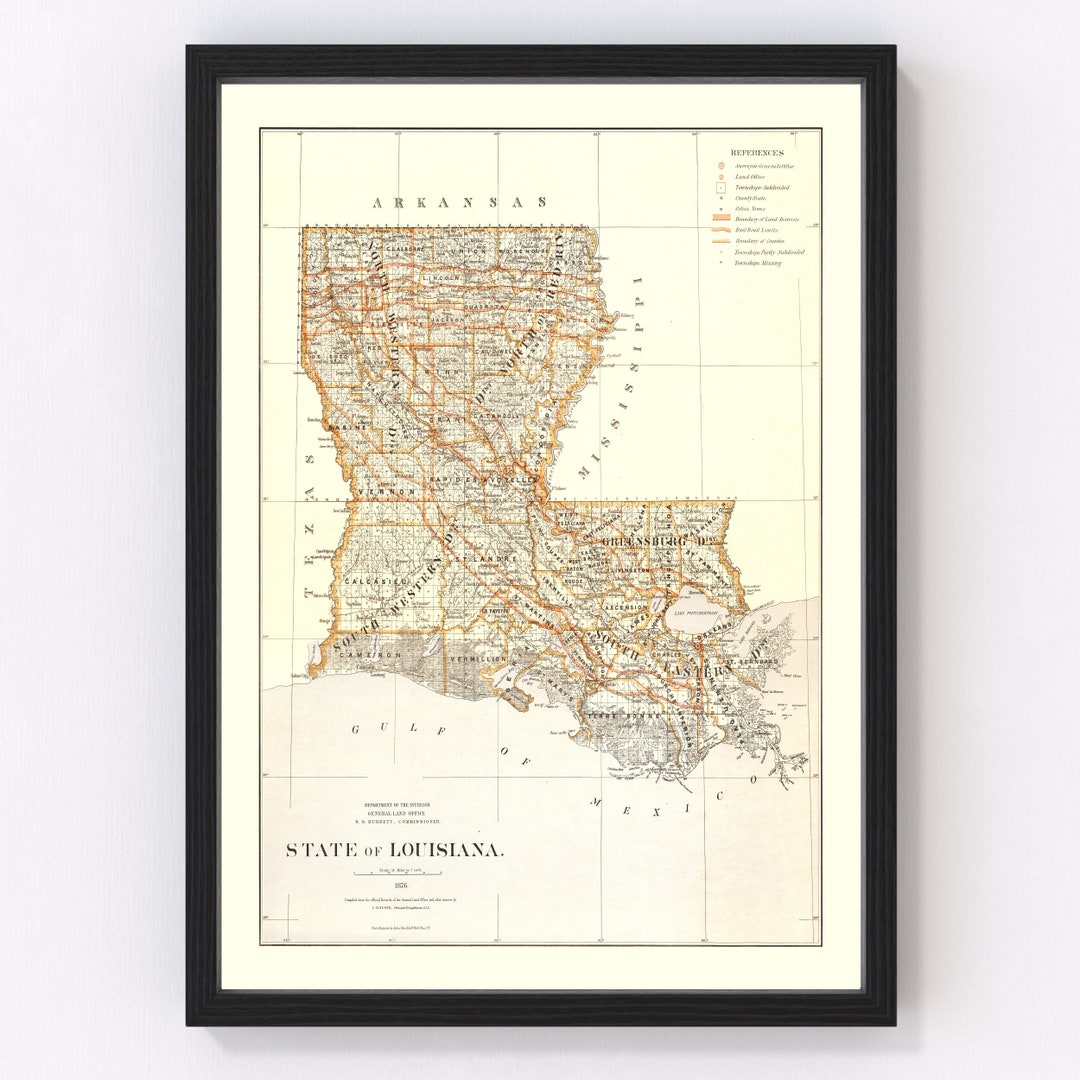 Louisiana Map 1876 Old Map of Louisiana Art Vintage Print Framed Wall ...