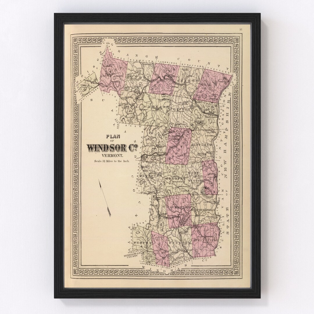 Windsor County Map 1876, Vintage Windsor County Map, Old Windsor County ...