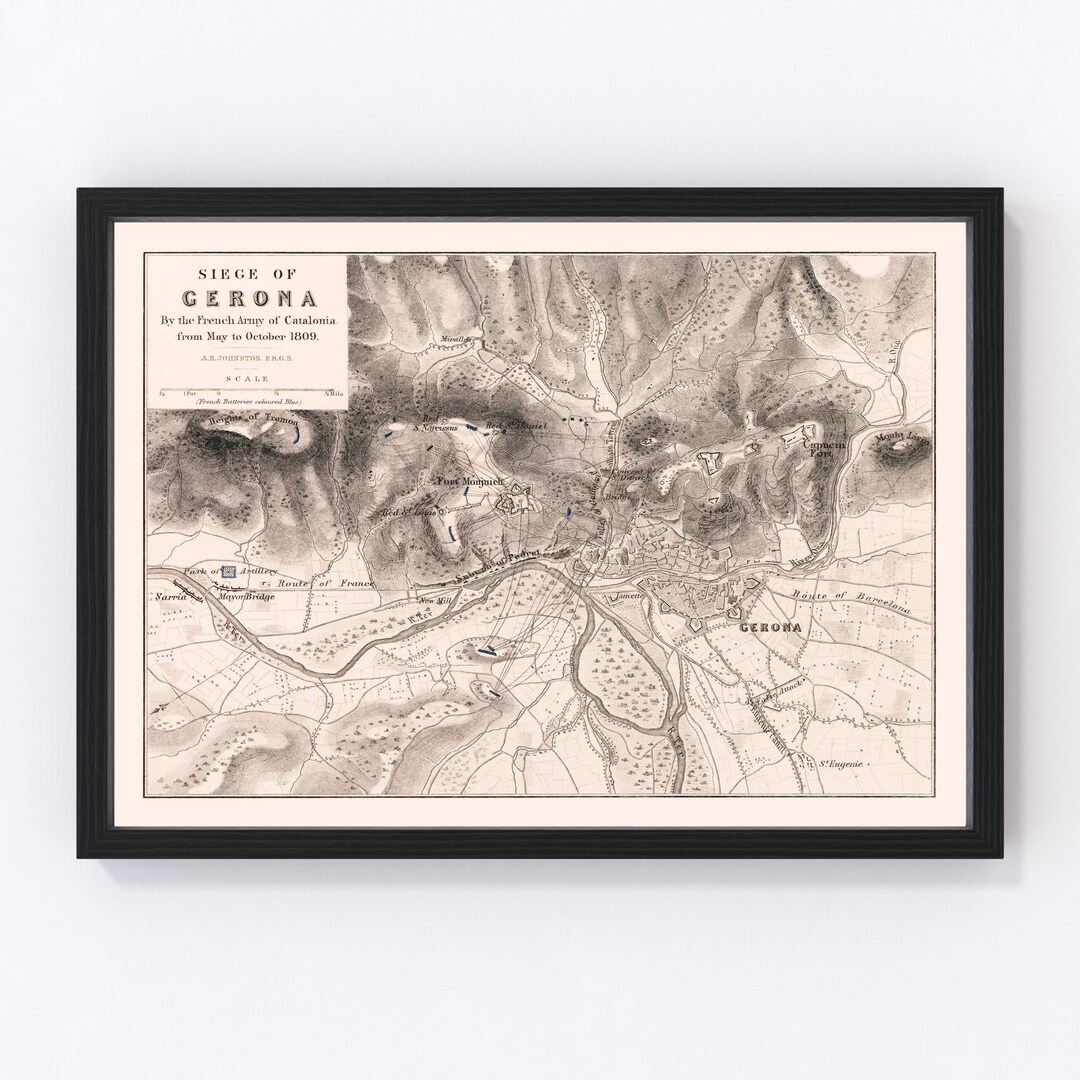 Siege of Gerona Map 1809 Old Map of Siege of Gerona Art Vintage Print ...