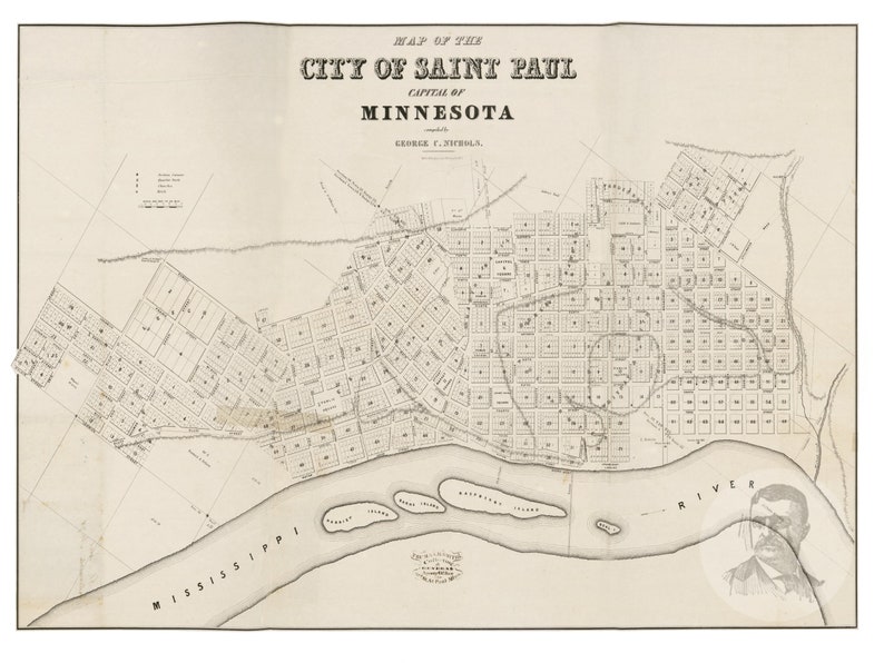 St. Paul Map 1860, Vintage St. Paul Map, Old St. Paul Minnesota Art ...