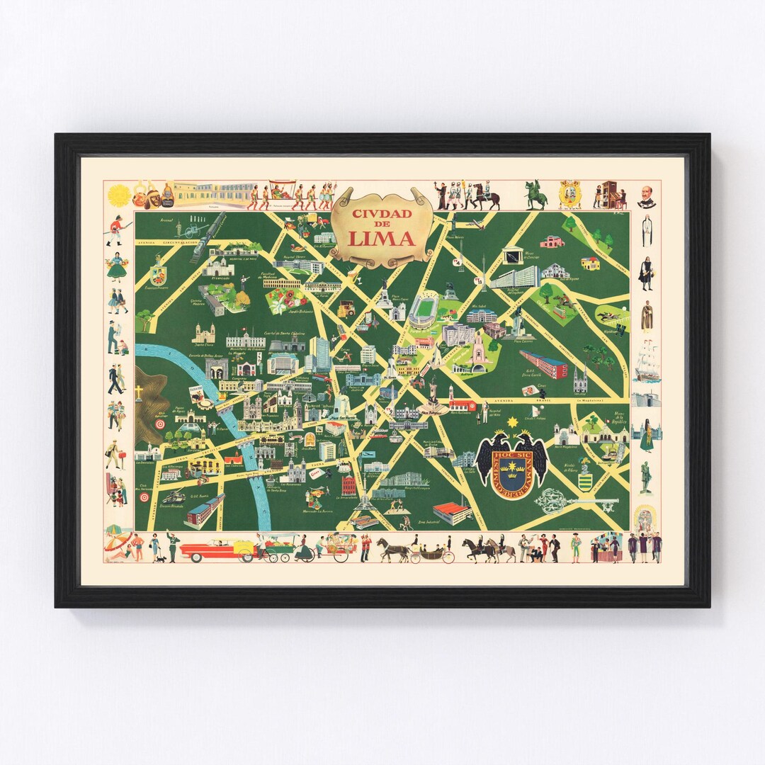 Lima Map 1954 Old Map of Lima Peru Art Vintage Print Framed Wall Art ...