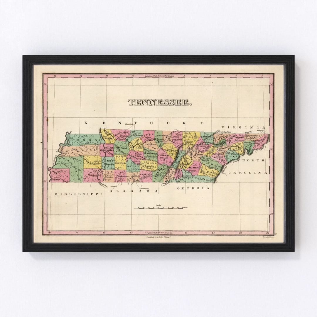 Tennessee Map 1824, Vintage Tennessee Map, Old Tennessee Art, Wall Art ...