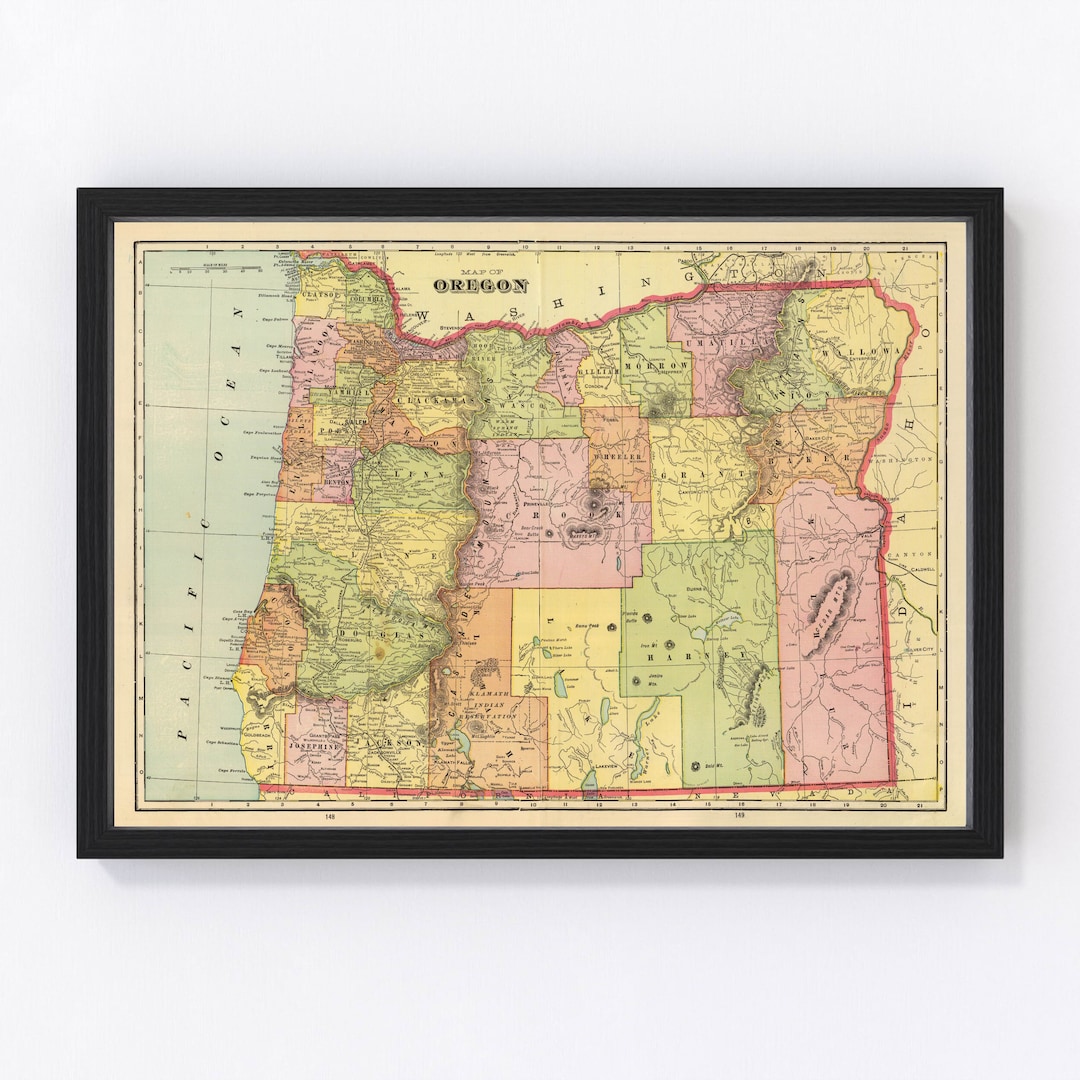 Oregon Map 1909 Old Map of Oregon Art Vintage Print Framed Wall Art ...