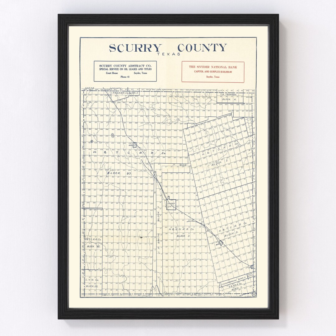 Scurry County TX Map 1923 Old Map of Texas Art Vintage Print Framed ...