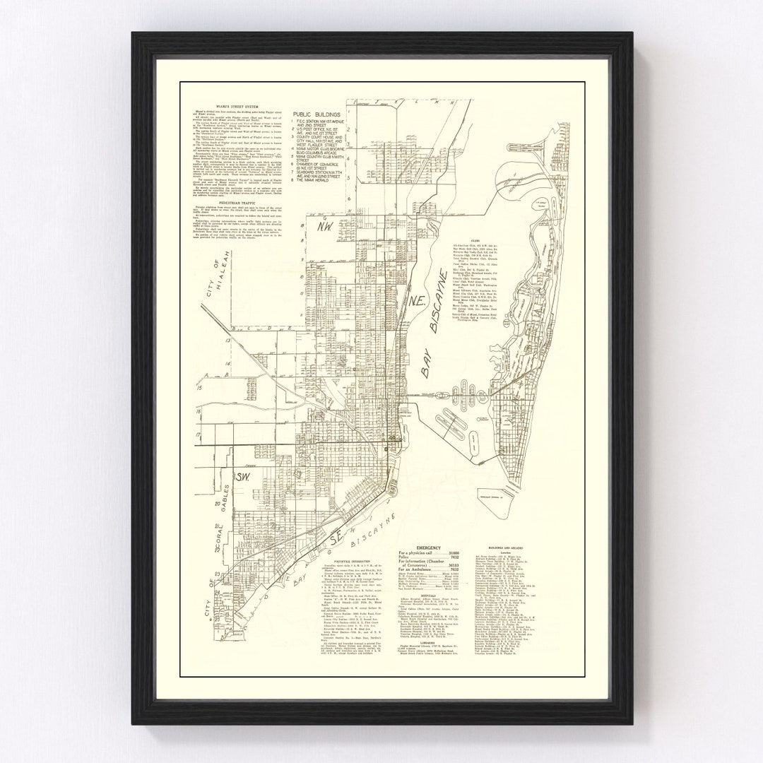 Miami Map 1929 Old Map of Miami Florida Art Vintage Print Framed Canvas ...