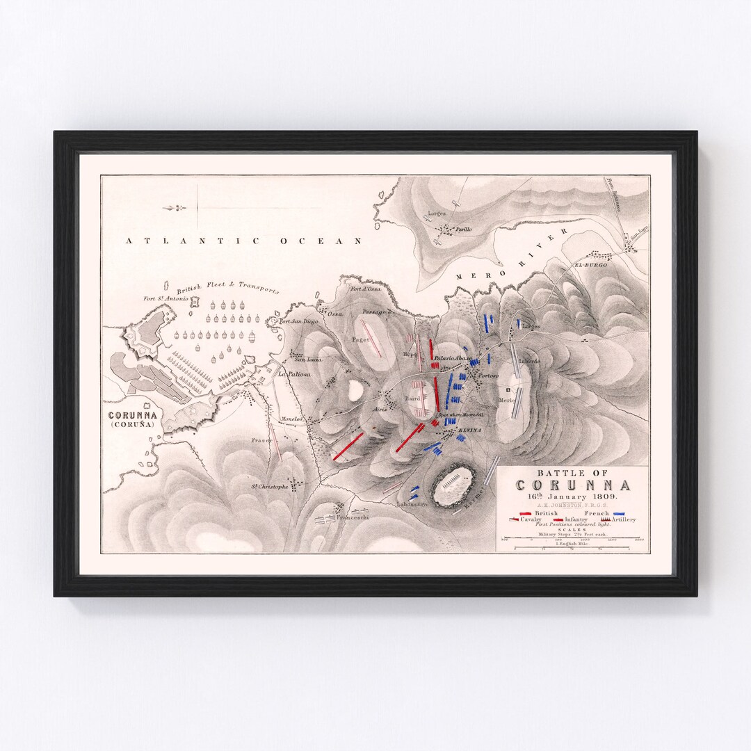 Battle of Corunna Map 1809 Old Map of Battle of Corunna Art Vintage ...