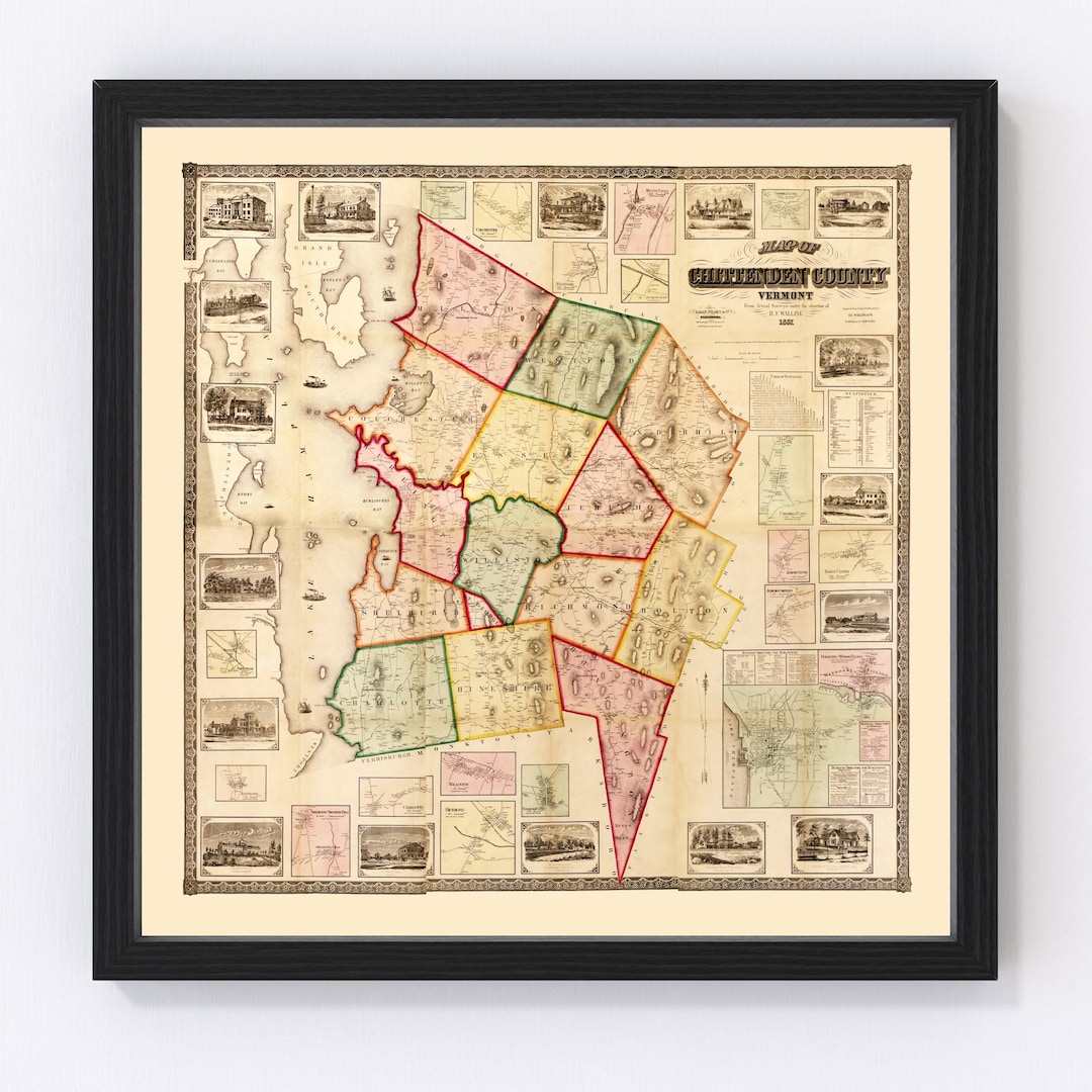 Chittenden County Vermont Map 1857 Old Map of Chittenden County Vermont ...