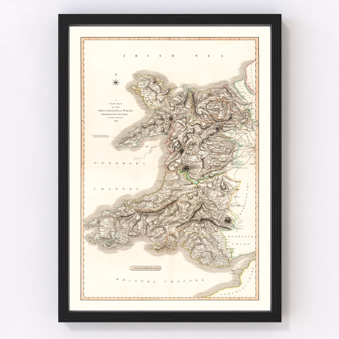 Wales Map 1809 - Old Map of Wales Art Print Framed Wall Art Vintage ...