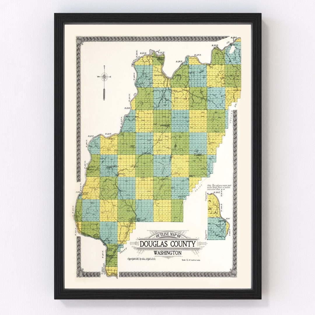 Douglas County WA Map 1915 Old Map of Washington Art Vintage Print Framed Canvas Portrait ...