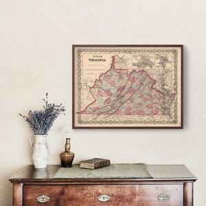 Virginia Map 1861, Vintage Virginia Map, Old Virginia Art, Wall Art ...