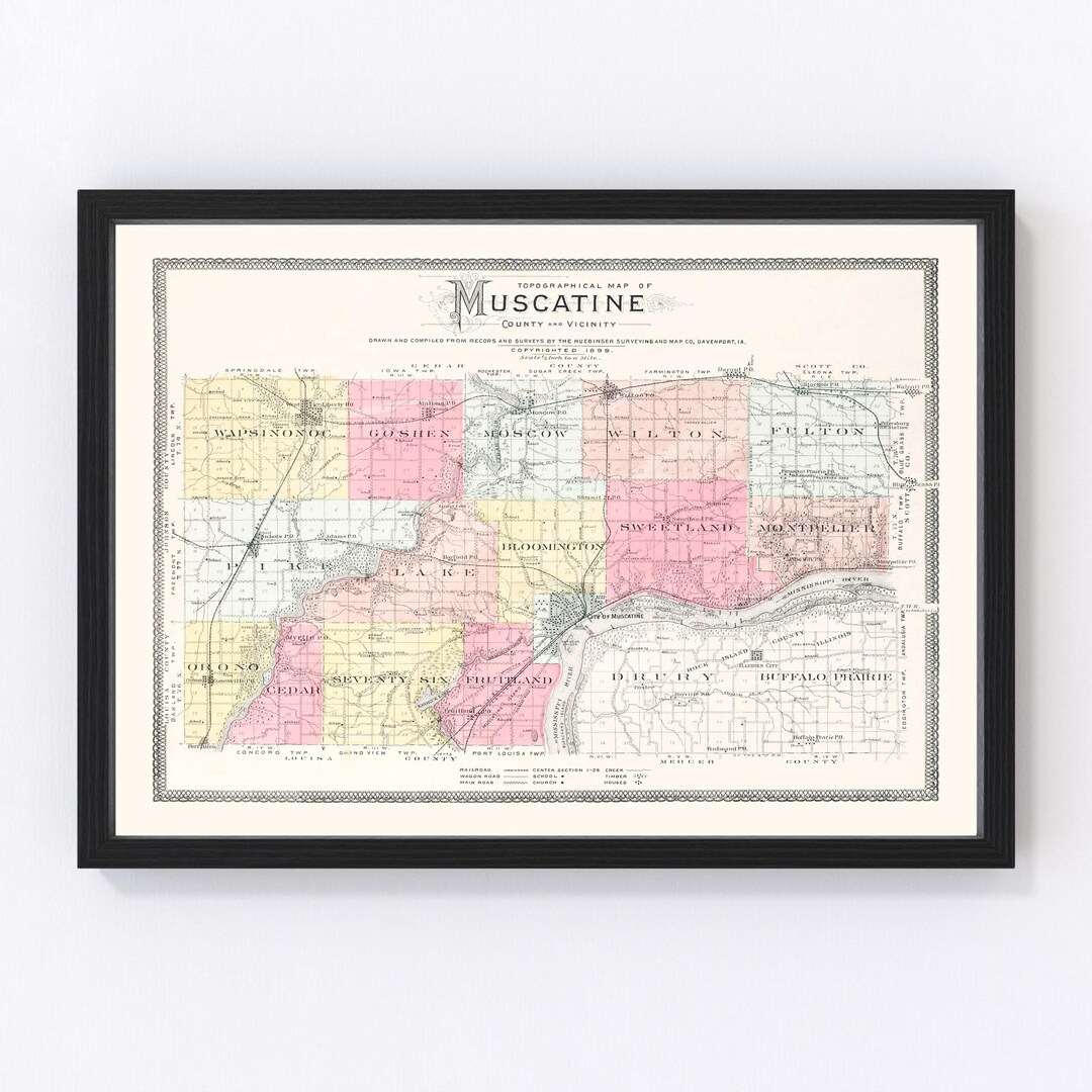 Muscatine Map 1899 Old Map of Muscatine Iowa Art Vintage Print Framed ...