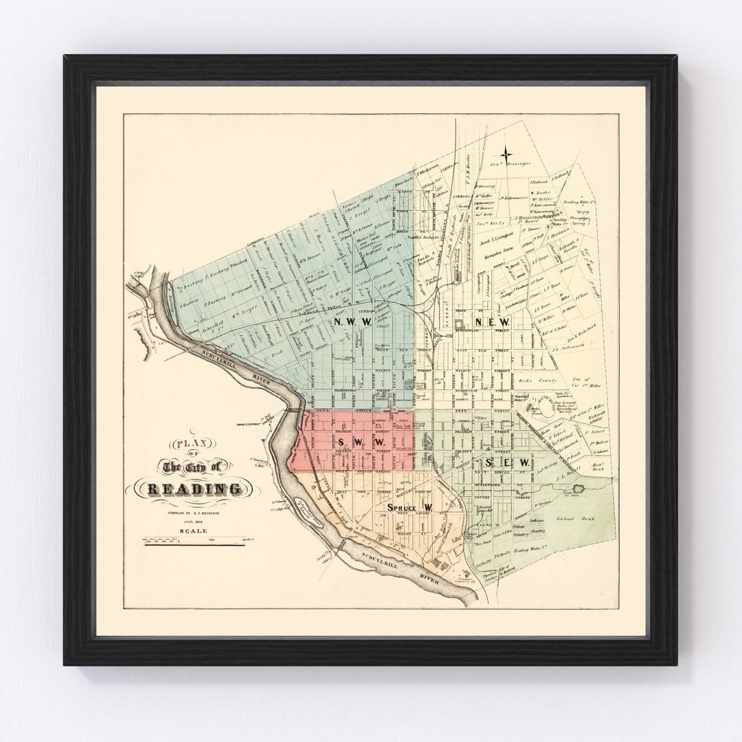 Reading Map 1860, Vintage Reading Map, Old Reading Pennsylvania Art ...