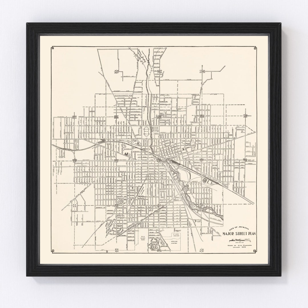 Jackson Map 1929 Old Map of Jackson Michigan Art Vintage Print Framed ...