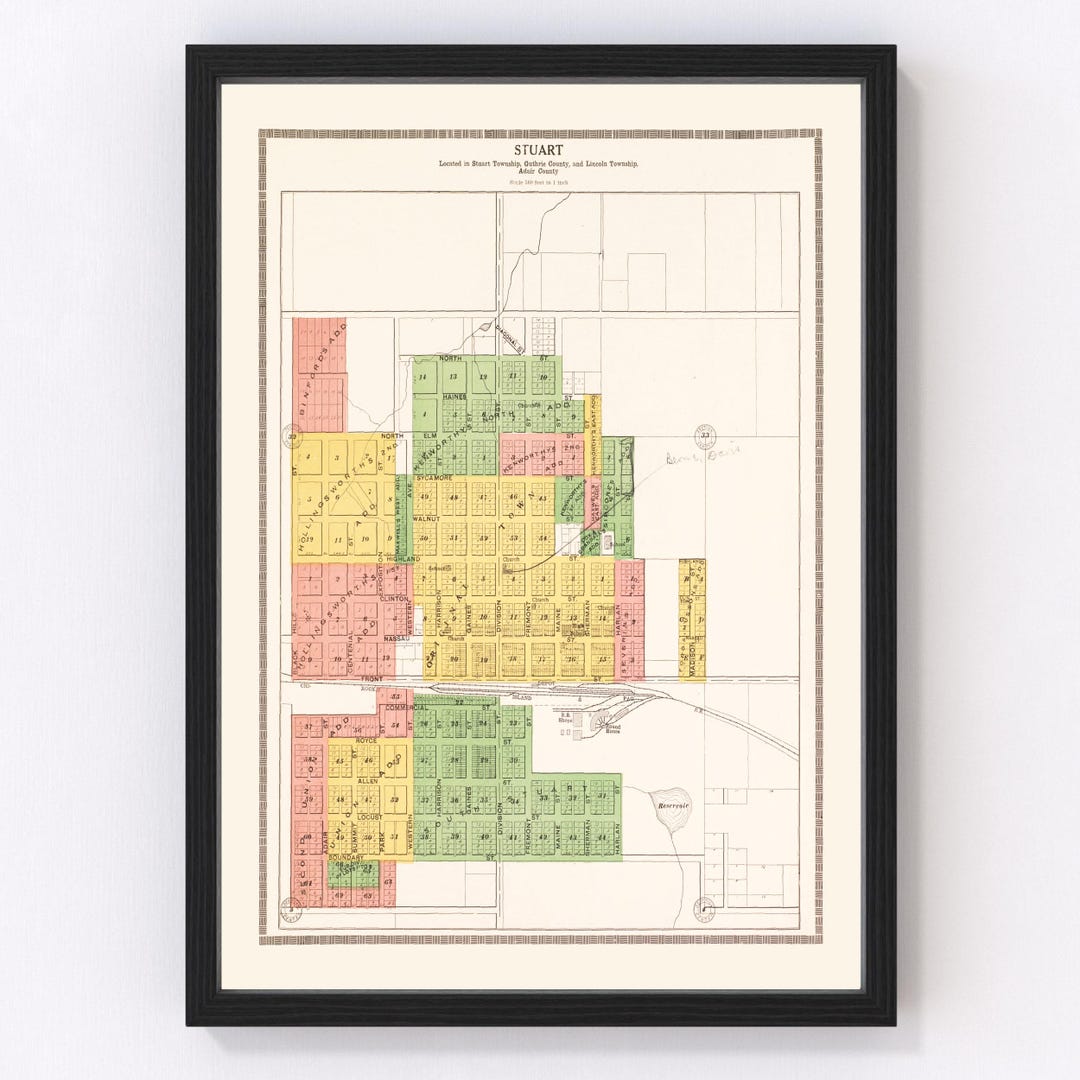 Stuart Map 1917, Vintage Stuart Map, Old Stuart Iowa Art, Wall Art Gift ...
