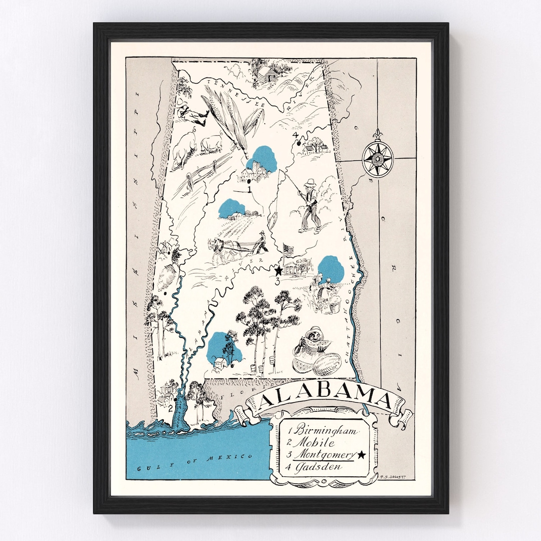 Alabama Map 1931 Old Map of Alabama Art Vintage Print Framed Wall Art ...