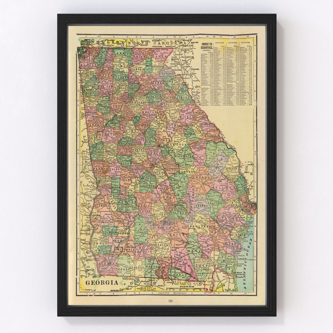 Georgia Map 1909, Vintage Georgia Map, Old Georgia Art, Wall Art Gift ...