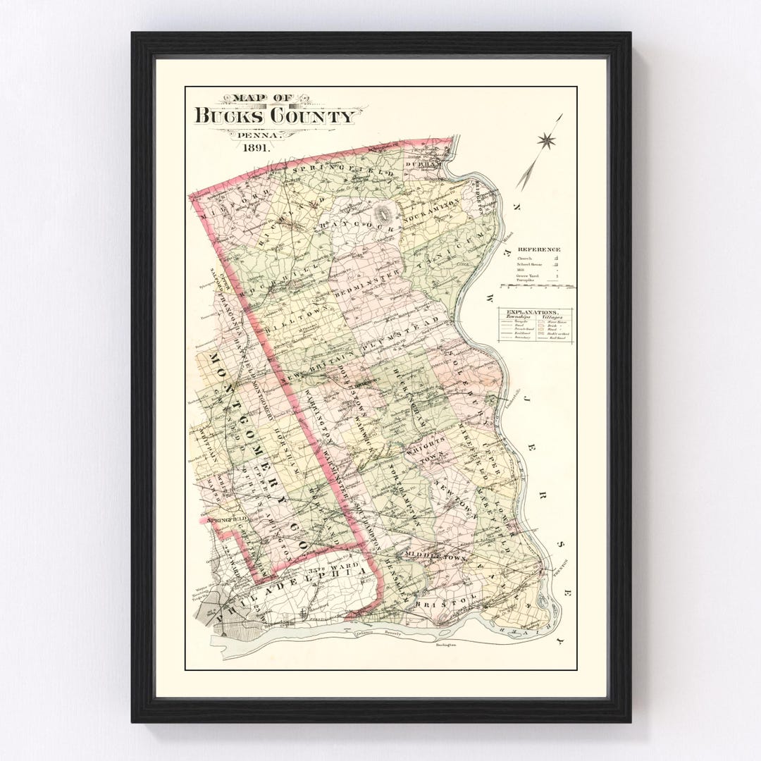 Bucks County PA Map 1891 - Old Map of Pennsylvania Art Vintage Print ...