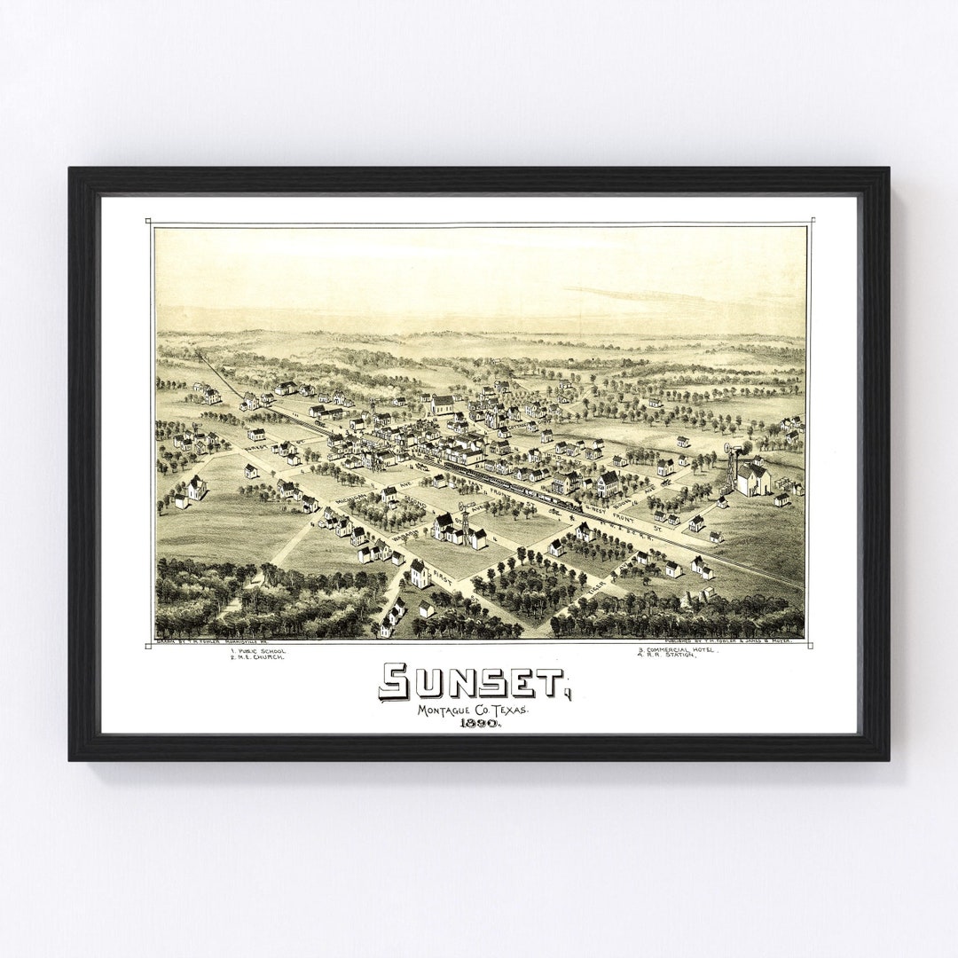 Sunset Map 1890 Old Map of Sunset Texas Art Vintage Print Framed Canvas ...