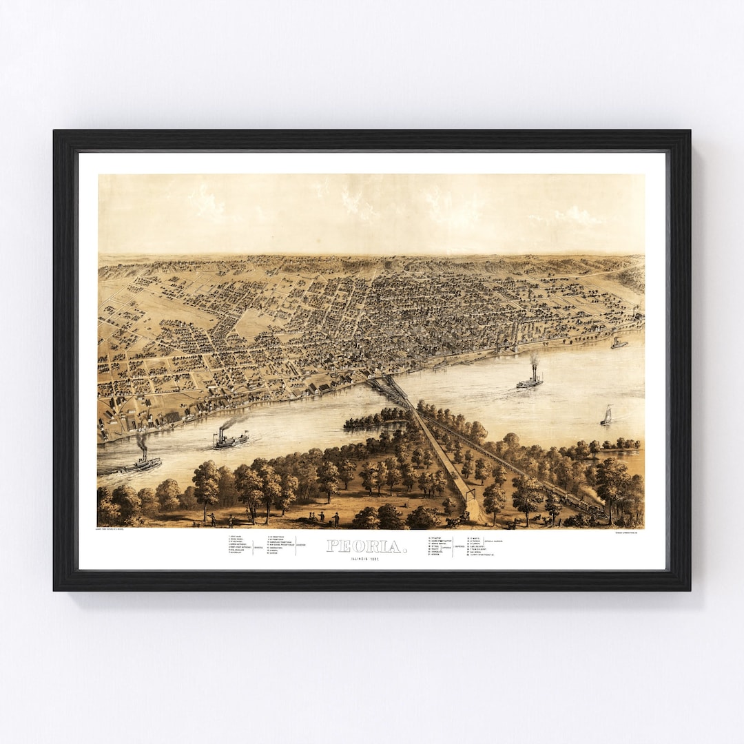 Peoria Map 1867 - Old Map of Peoria Illinois Art Vintage Print Framed ...