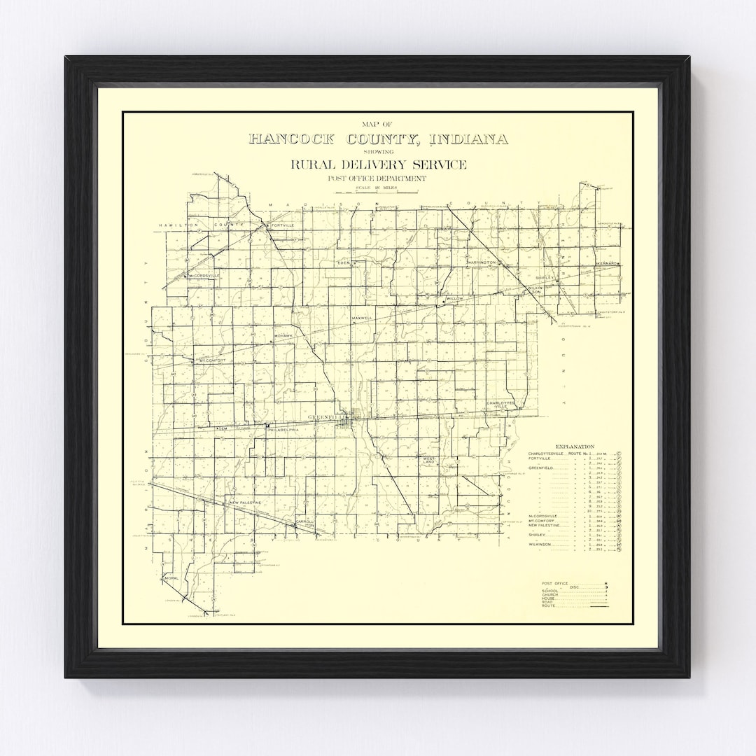 Hancock County IN Map 1911 Old Map of Indiana Art Vintage Print Framed ...
