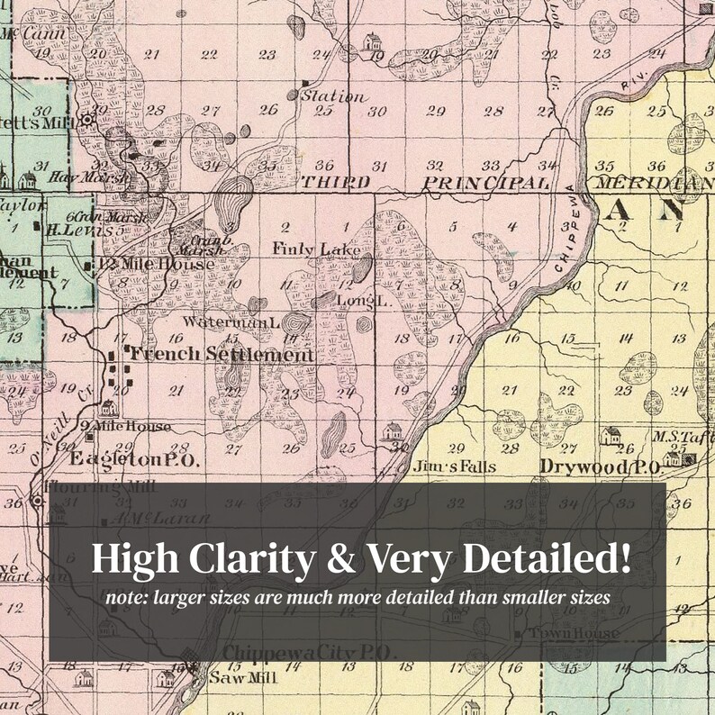 Chippewa County Map 1878, Vintage Chippewa County Map, Old Chippewa ...