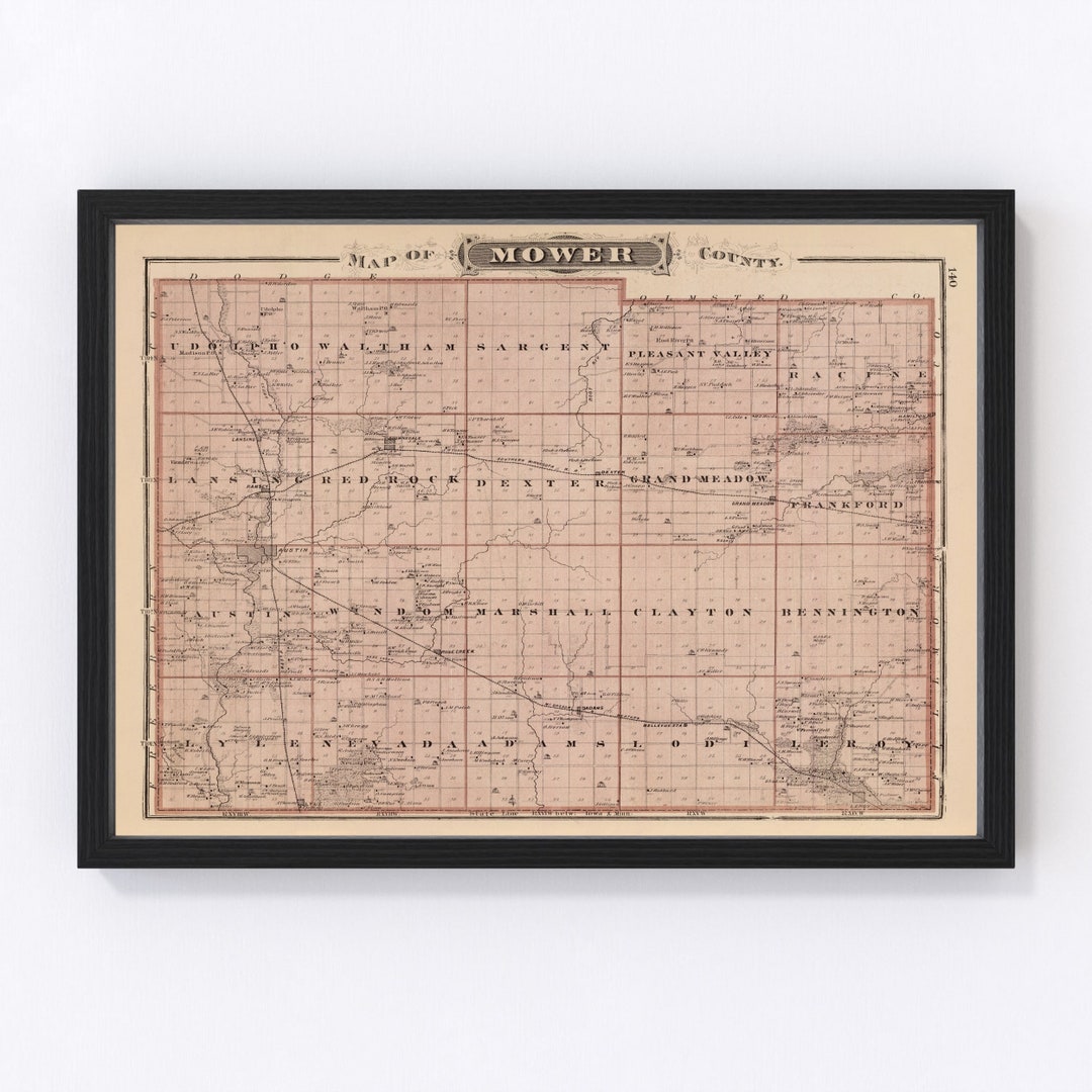 Mower County MN Map 1874 Old Map of Austin Minnesota Art Vintage Print ...