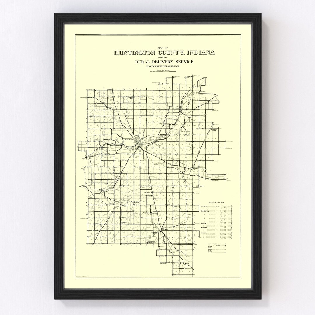 Huntington County Map 1910, Vintage Huntington County Map, Old ...
