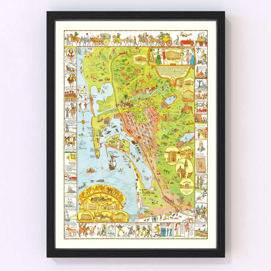San Diego Map 1928 - Old Map of San Diego California Art Vintage Print ...