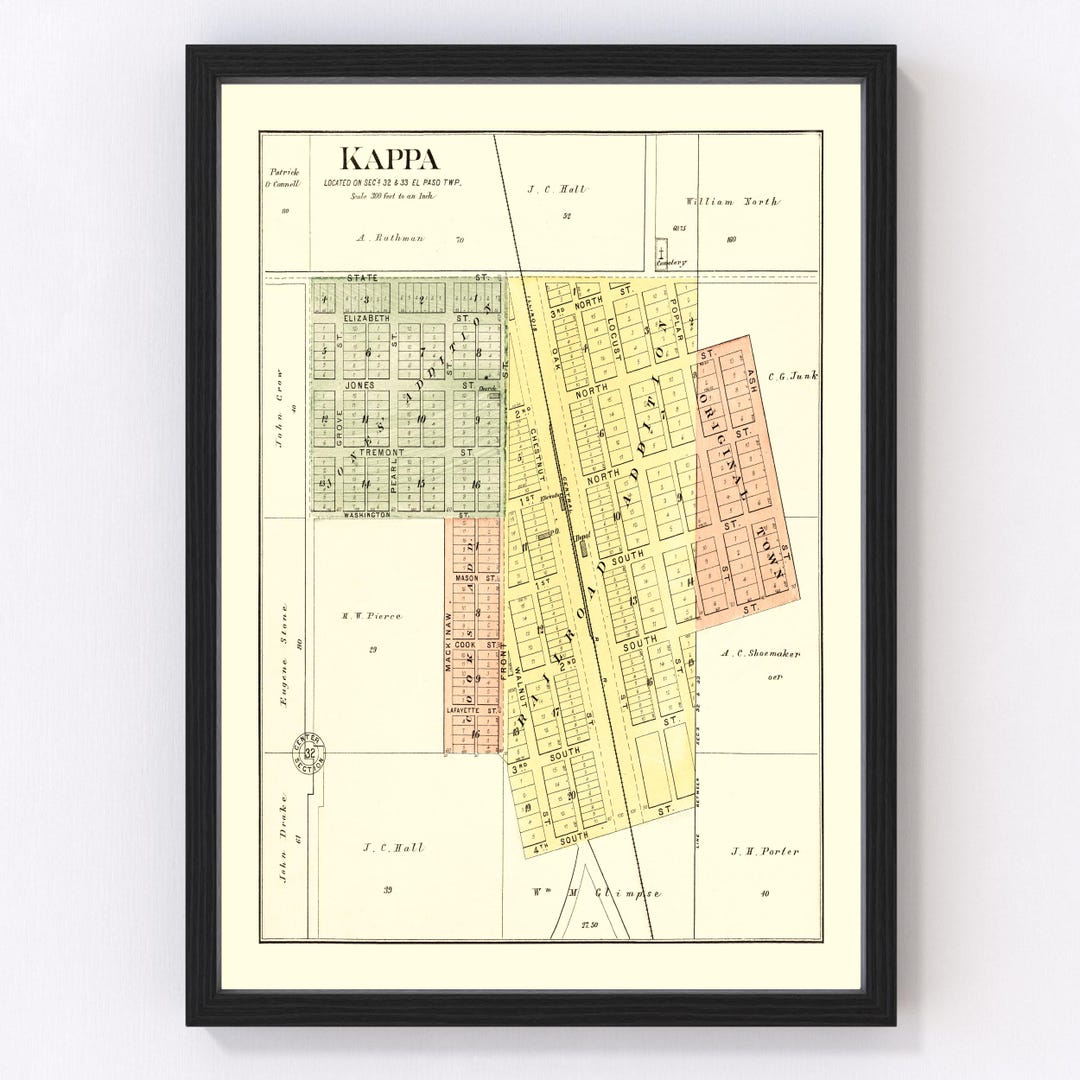 Kappa Map 1893, Vintage Kappa Map, Old Kappa Illinois Art, Wall Art ...