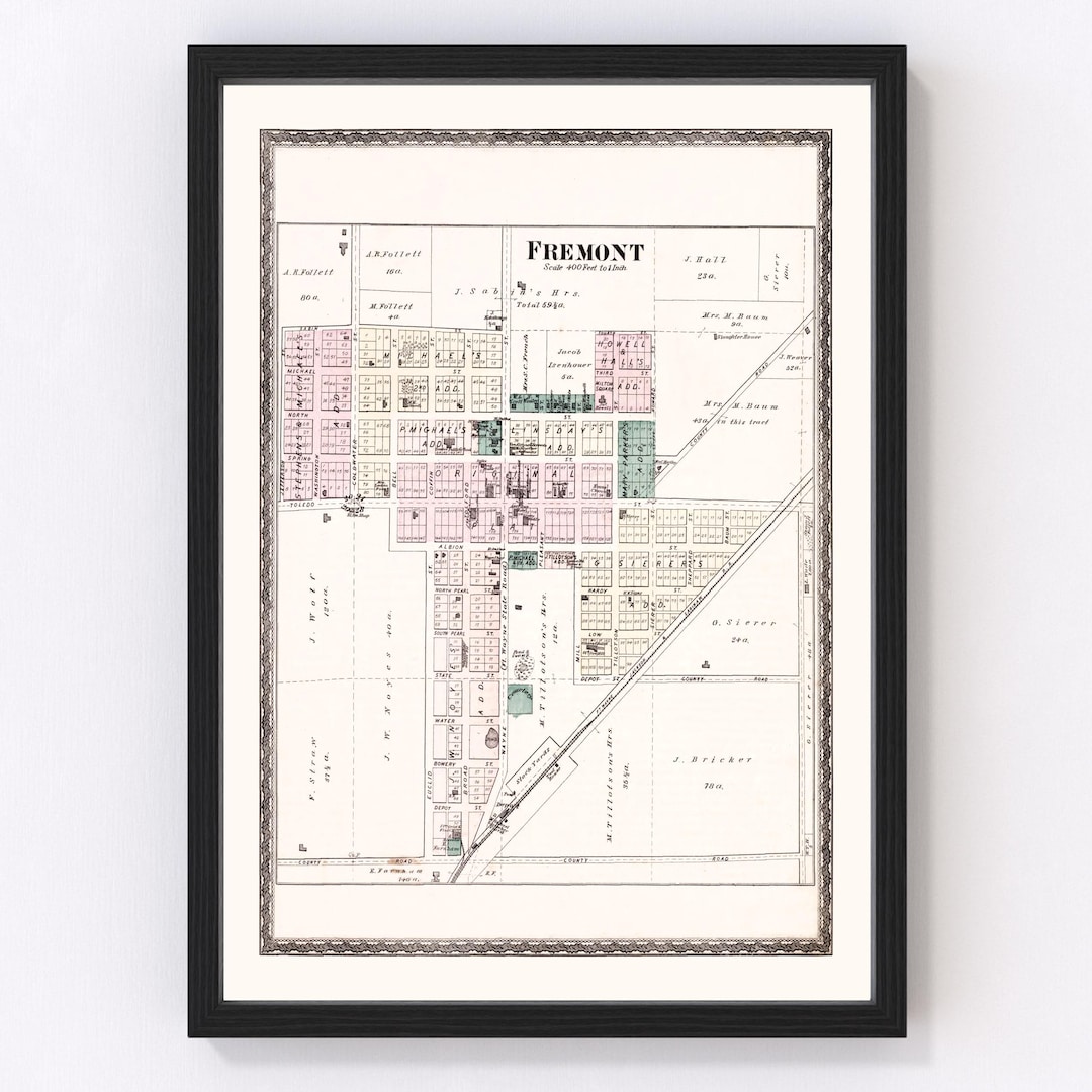 Fremont Map 1880, Vintage Fremont Map, Old Fremont Indiana Art, Wall ...