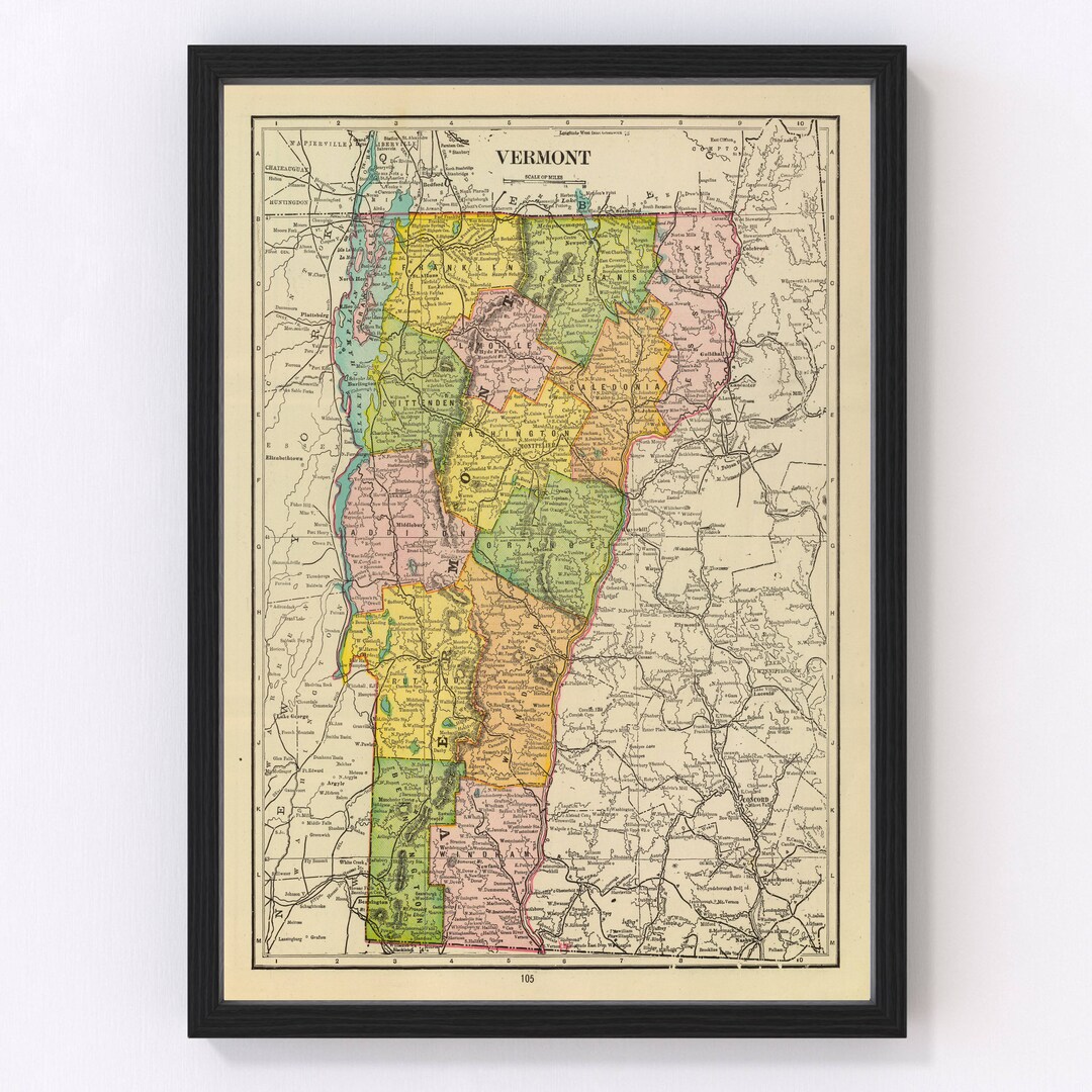Vermont Map 1909, Vintage Vermont Map, Old Vermont Art, Wall Art Gift ...