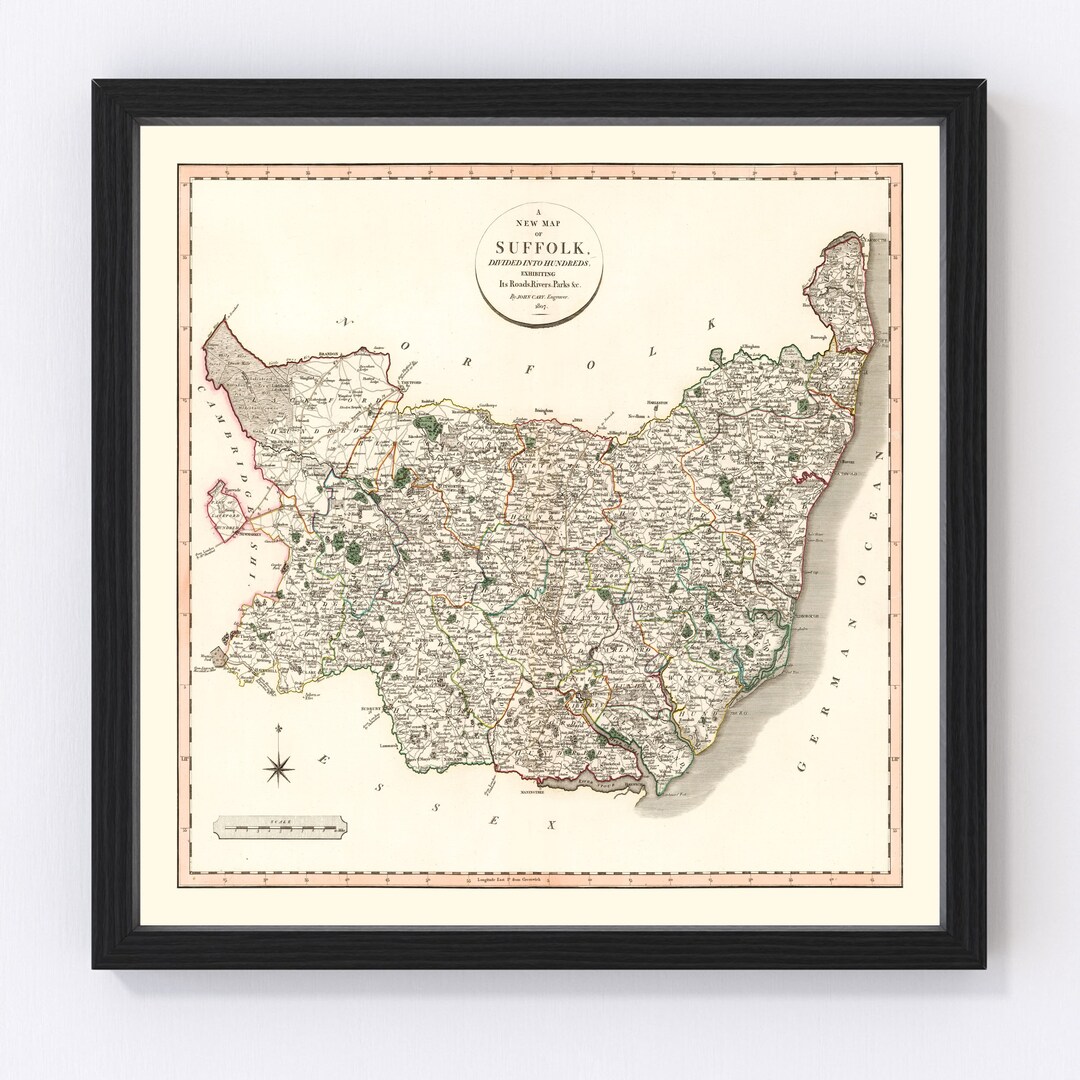 Suffolk County England Map 1807, Vintage Suffolk County England Map ...