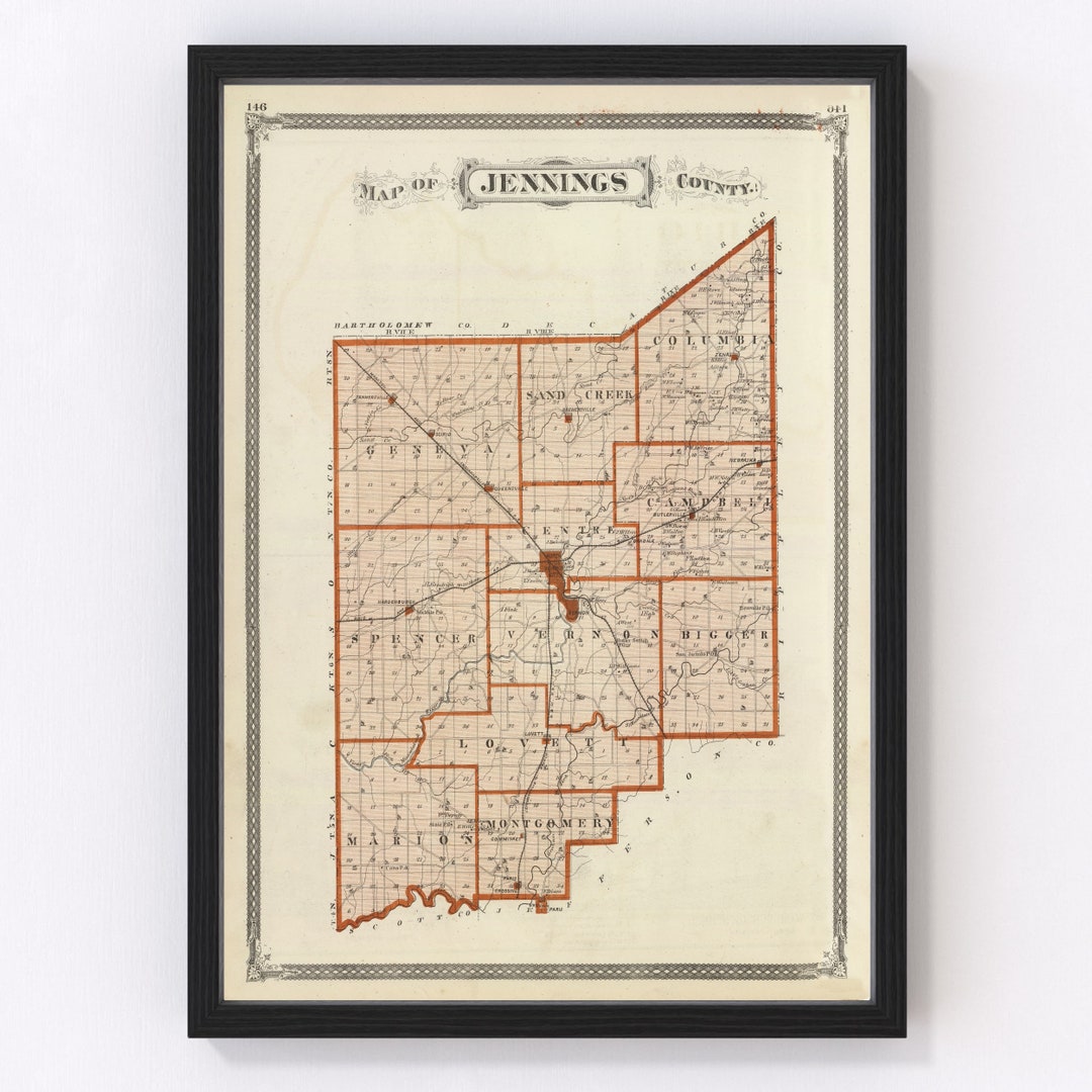 Jennings County IN Map 1876 Old Map of Vernon Indiana Art Vintage Print ...