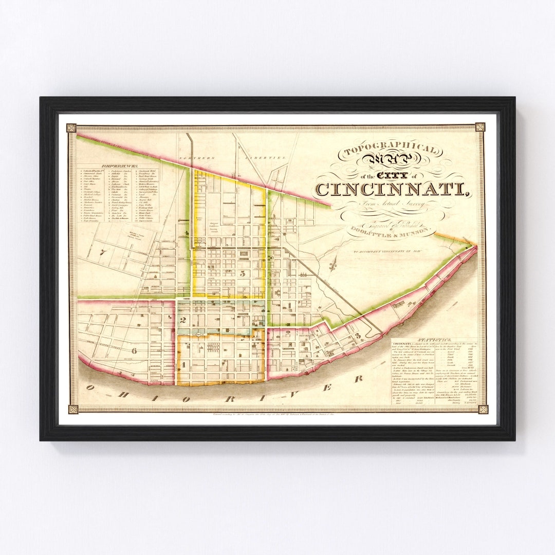 Cincinnati Map 1841, Vintage Cincinnati Map, Old Cincinnati Ohio Art ...
