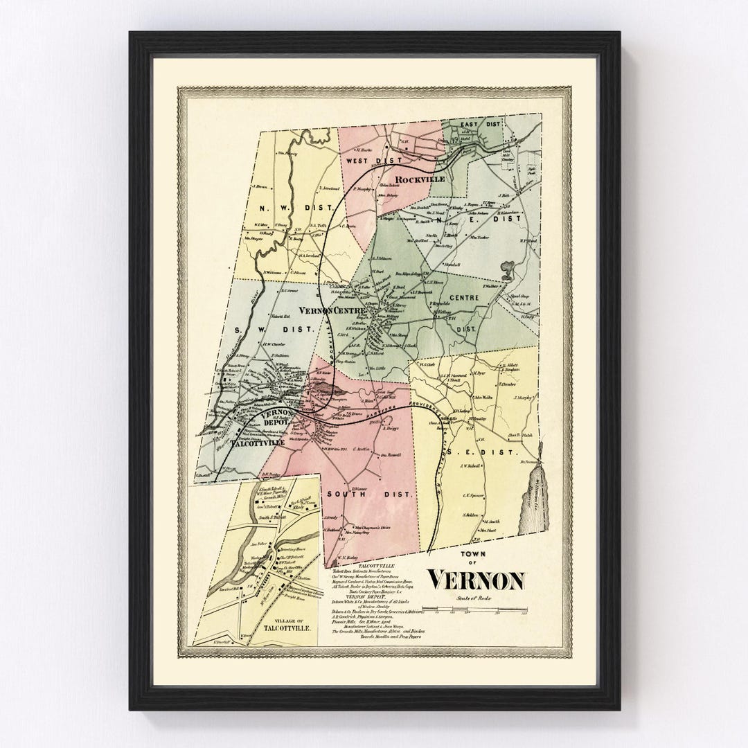 Town of Vernon Map 1869, Vintage Town of Vernon Map, Old Town of Vernon ...