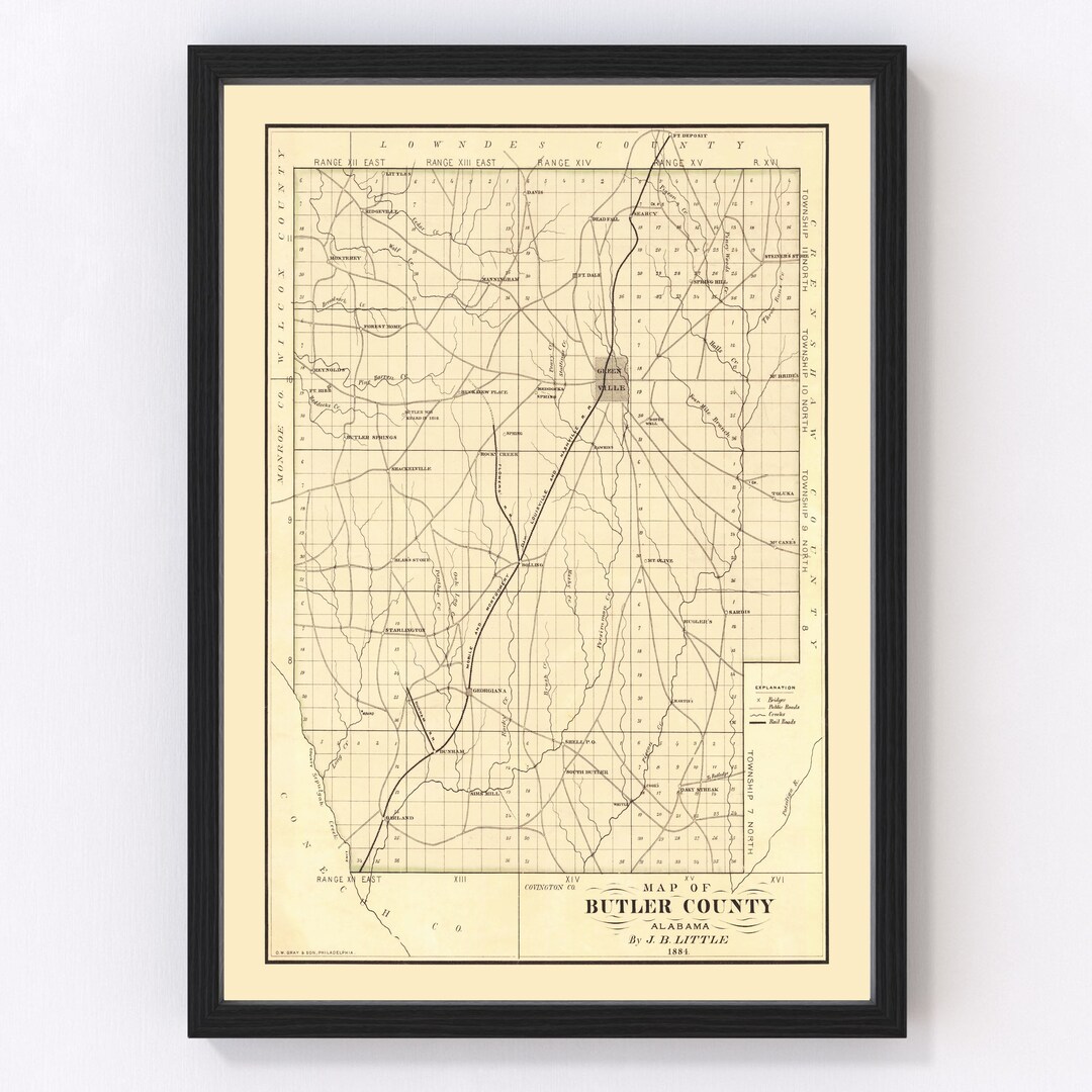 Butler County AL Map 1884 Old Map of Alabama Art Vintage Print Framed ...