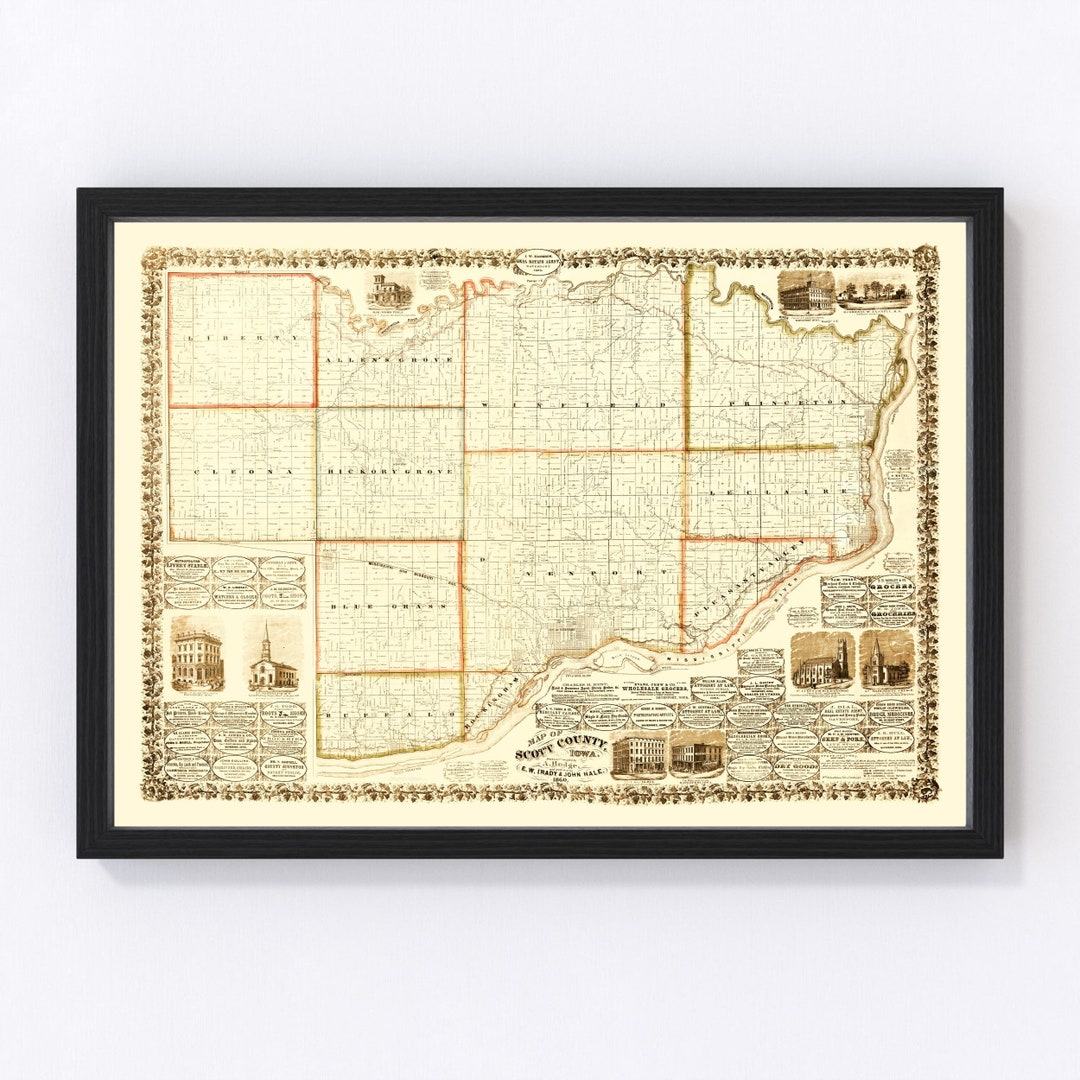 Scott County Map 1860, Vintage Scott County Map, Old Scott County Iowa ...