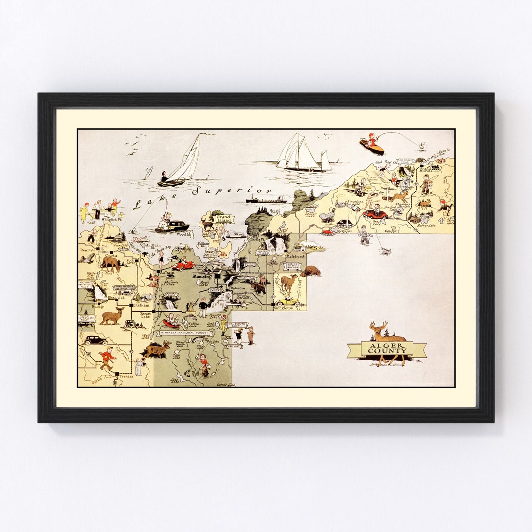 Alger County MI Map 1936 Old Map of Munising Michigan Art Vintage Print ...