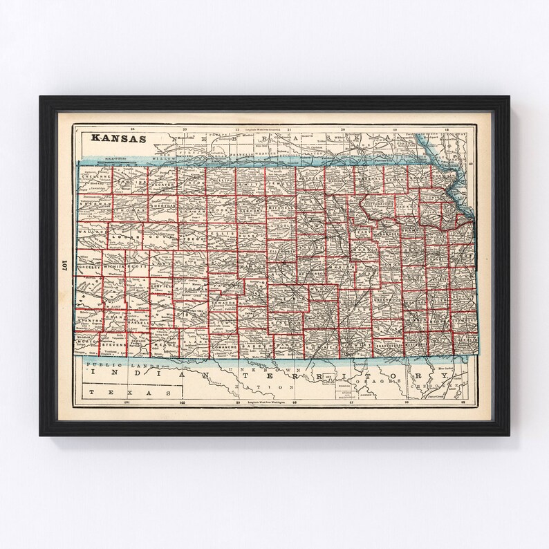 Kansas Map 1893 Old Map of Kansas Art Vintage Print Framed - Etsy