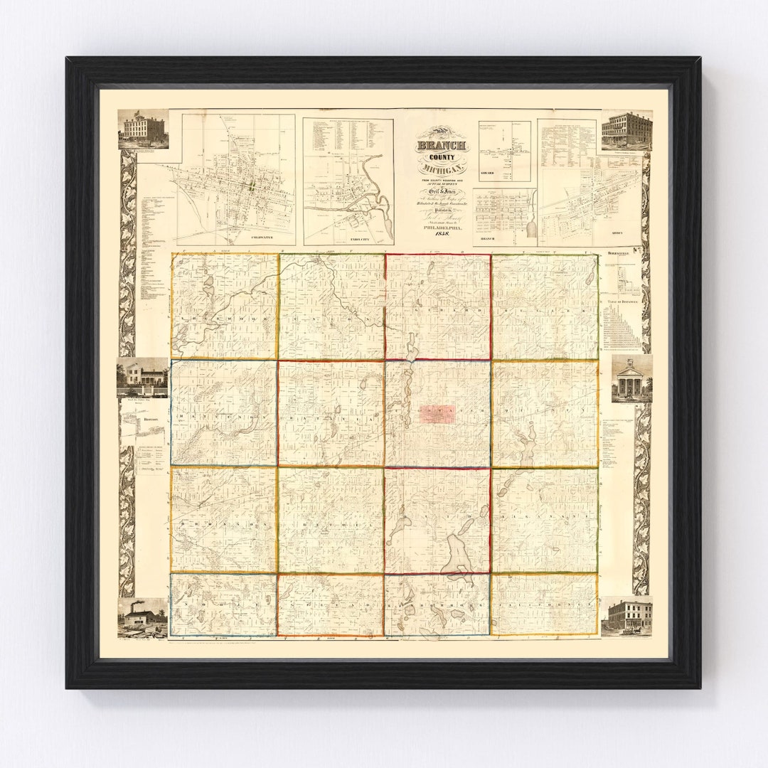Branch County Michigan Map 1858 Old Map of Branch County Michigan Art ...