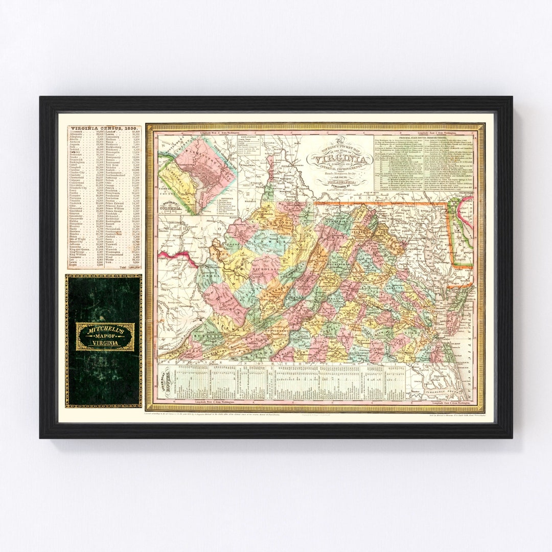 Virginia Map 1834 Old Map of Virginia Art Vintage Print Framed Wall Art ...