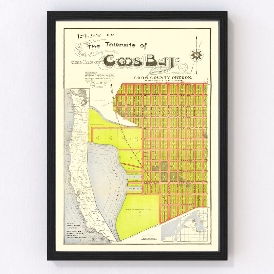 Coos Bay Map 1906 Old Map of Coos Bay Oregon Art Vintage Print Framed ...