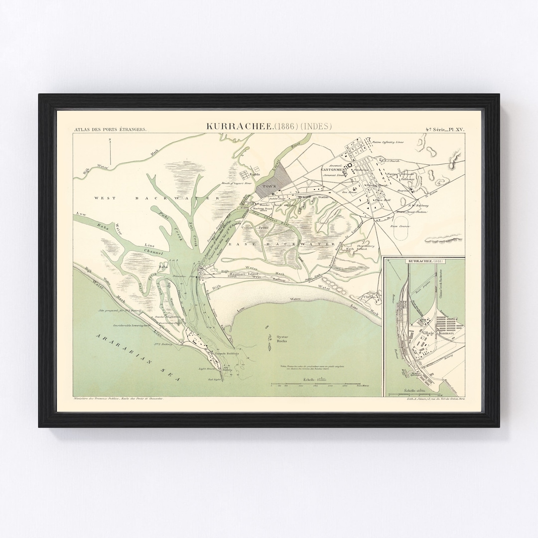 Karachi Map 1888 - Old Map of Karachi Pakistan Art Vintage Print Framed ...
