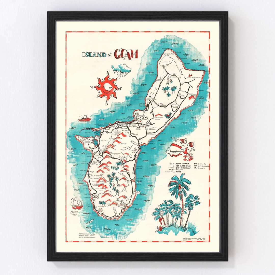 Guam Map 1955, Vintage Guam Map, Old Guam Art, Wall Art Gift for Guam ...