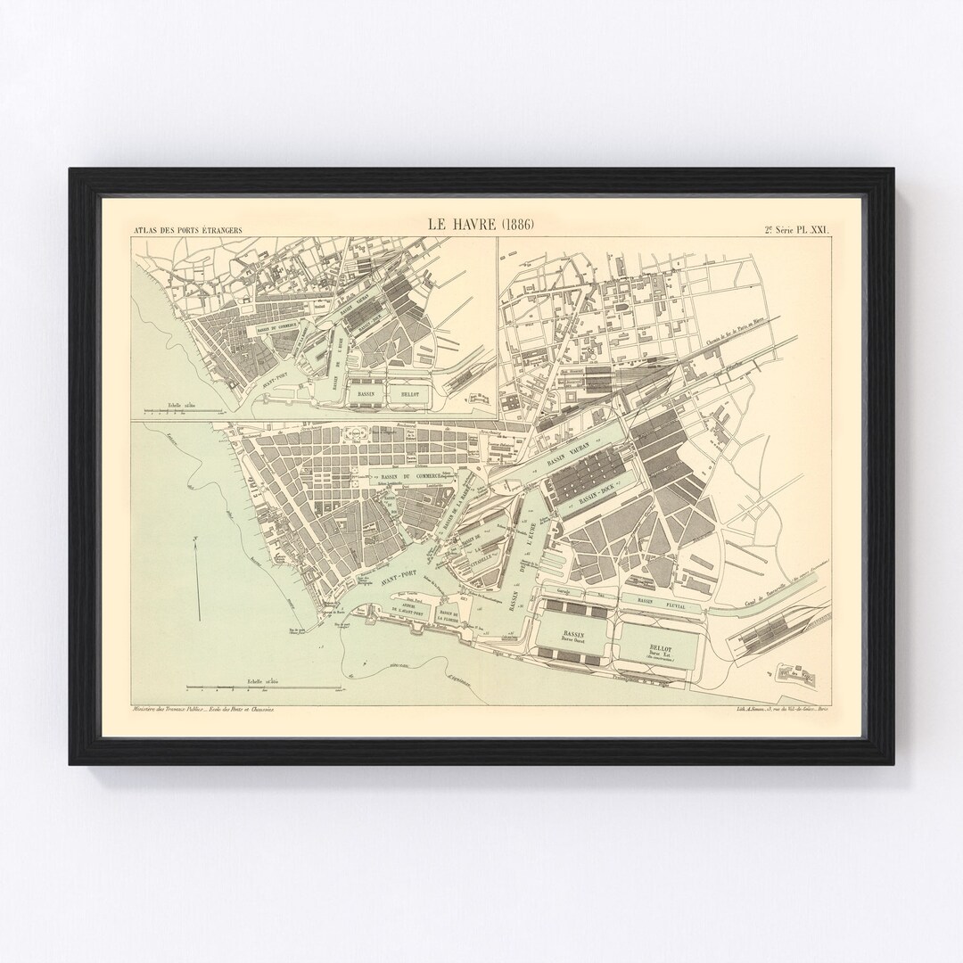 Le Havre Map 1886, Vintage Le Havre Map, Old Le Havre Art, Wall Art ...