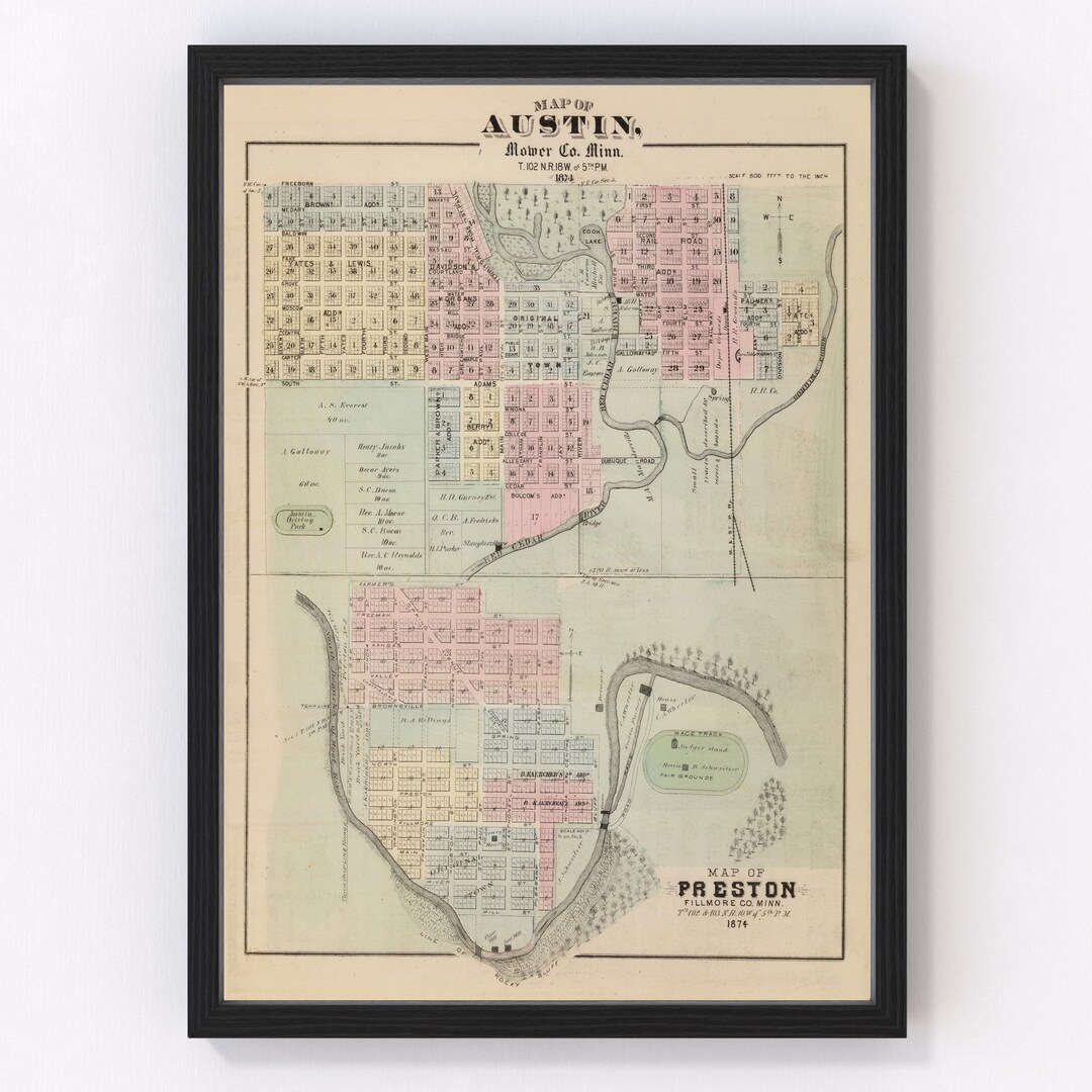 Austin Map 1874 Old Map of Austin Minnesota Art Vintage Print Framed ...