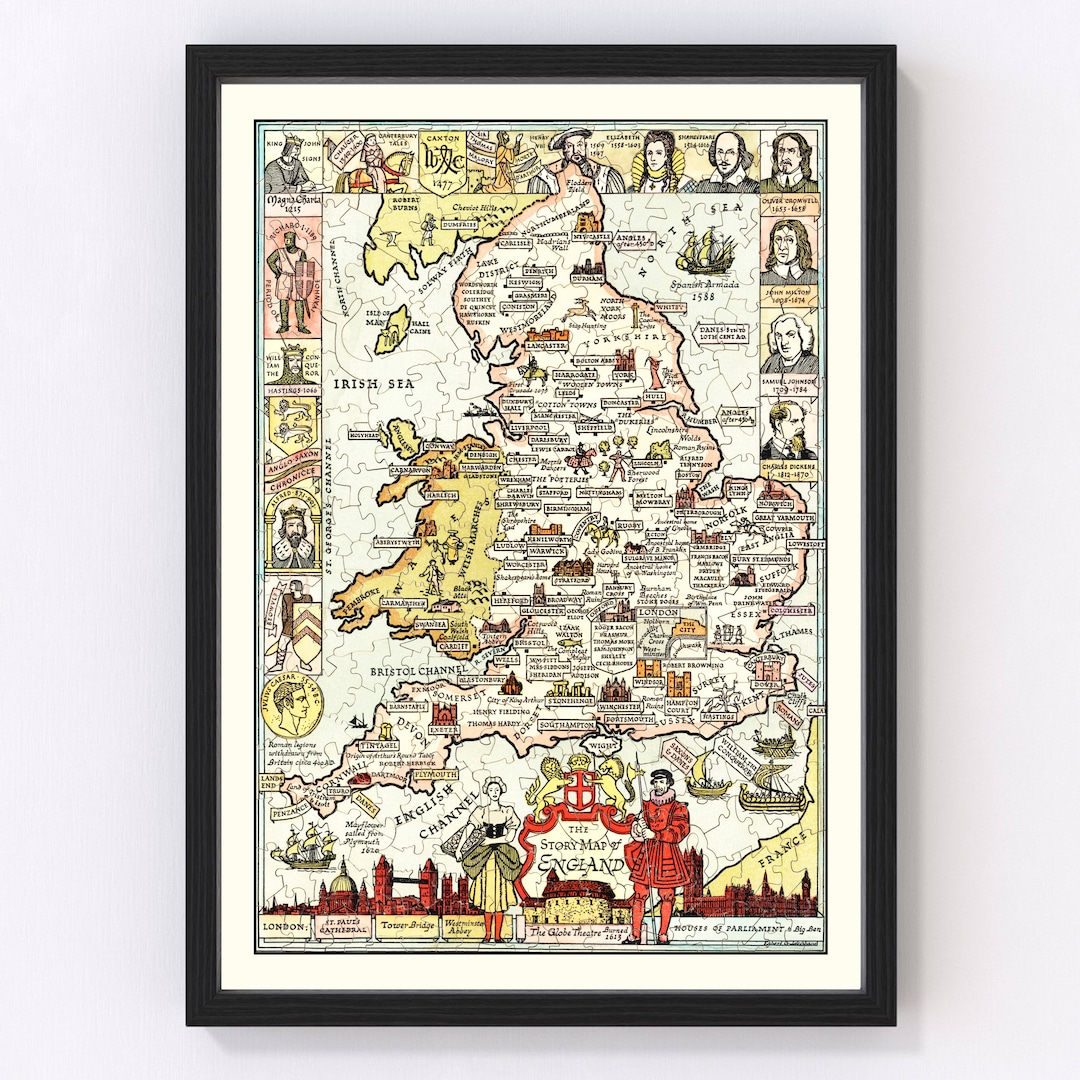 England Map 1936 - Old Map of England Art Print Framed Wall Art Vintage ...