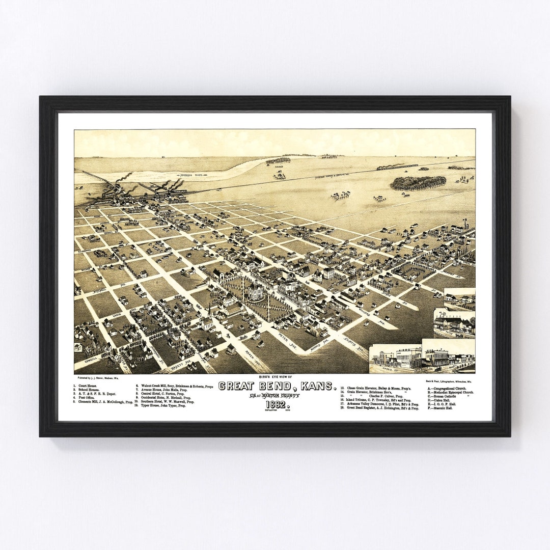 Great Bend Map 1882, Vintage Great Bend Map, Old Great Bend Kansas Art ...